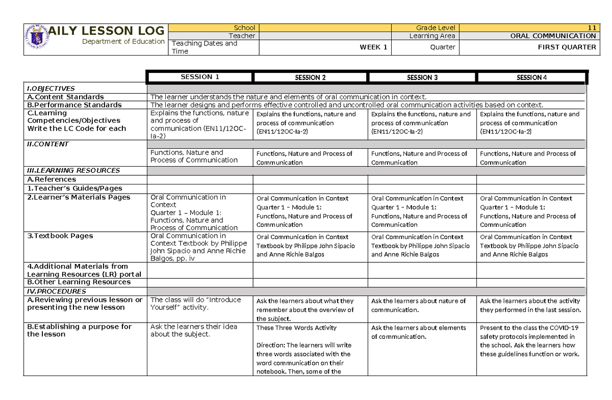 OC Q1 W1 - sample dll for oc - DAILY LESSON LOG Department of Education ...