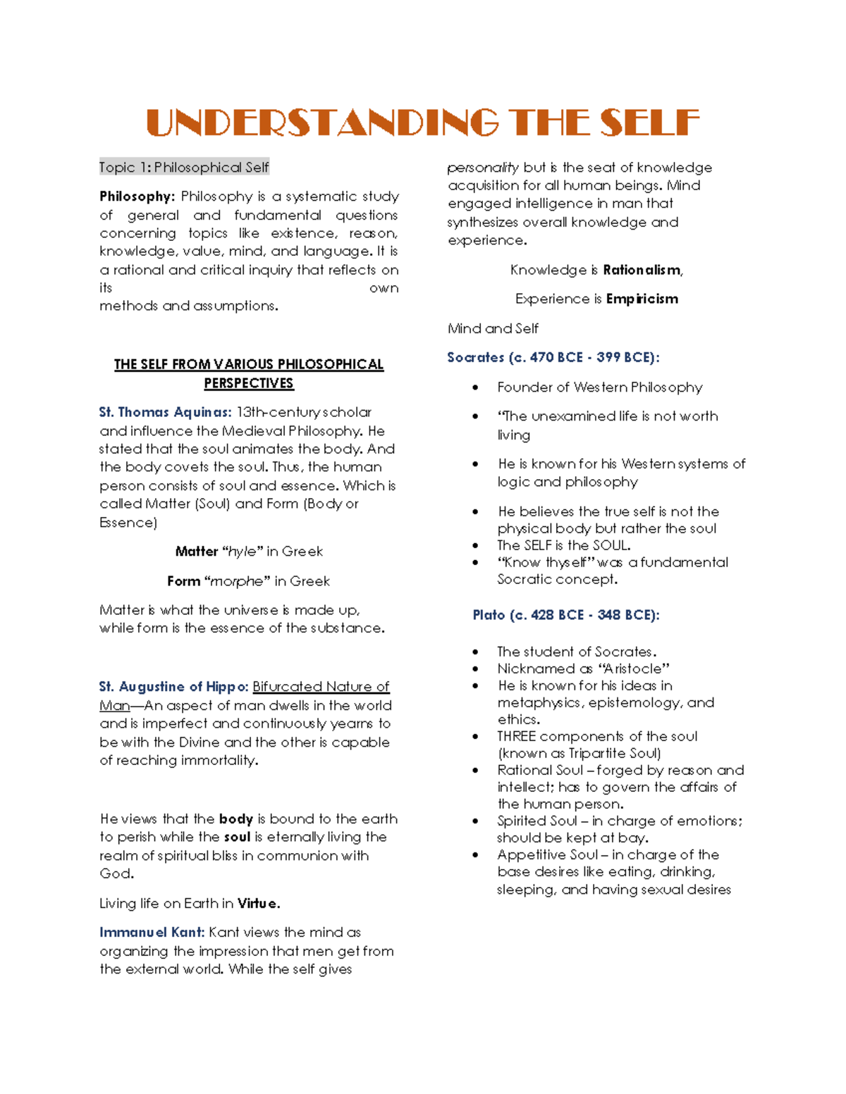 UTS Reviewer - NOTESSS - UNDERSTANDING THE SELF Topic 1: Philosophical ...