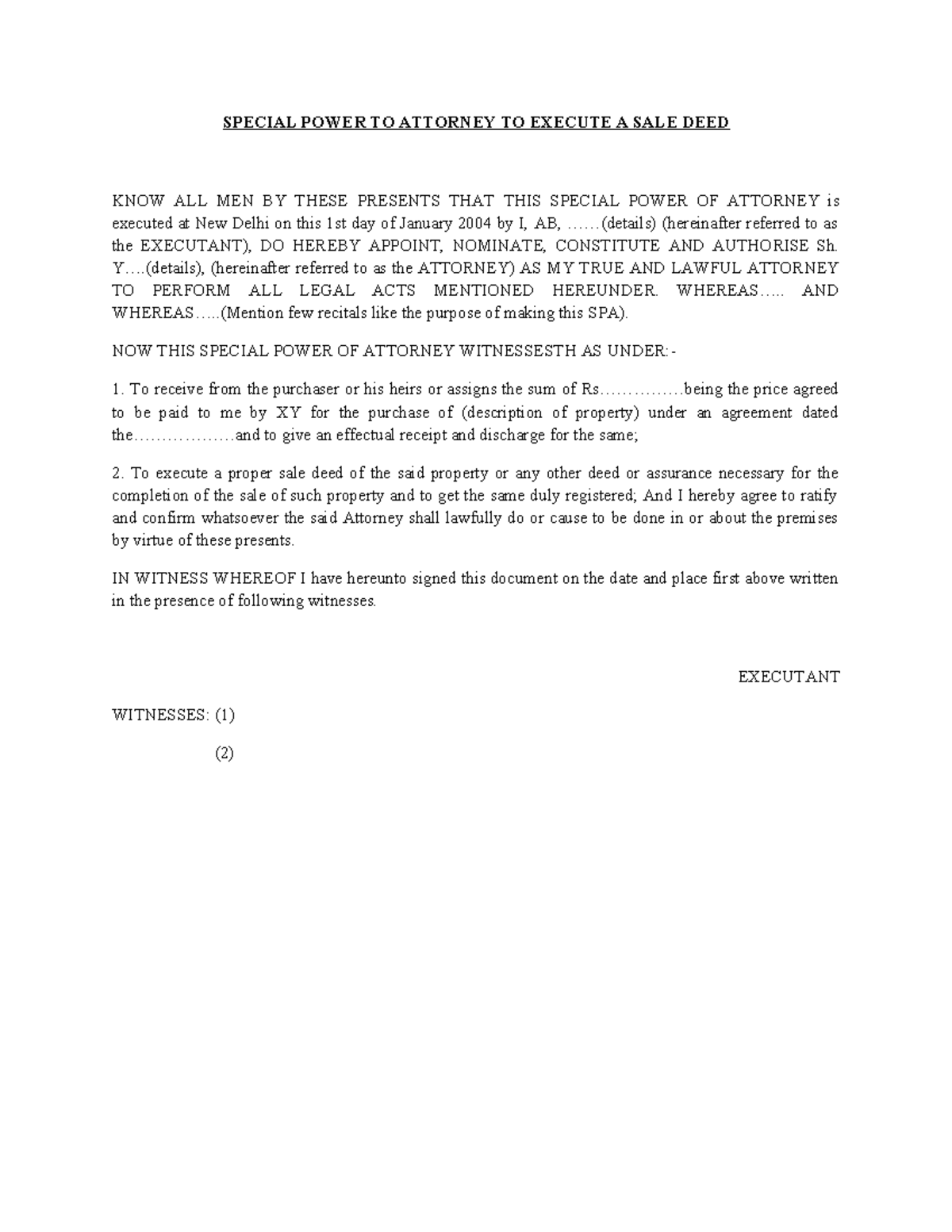 Special Power of Attorney for Sale Deed Execution - Studocu