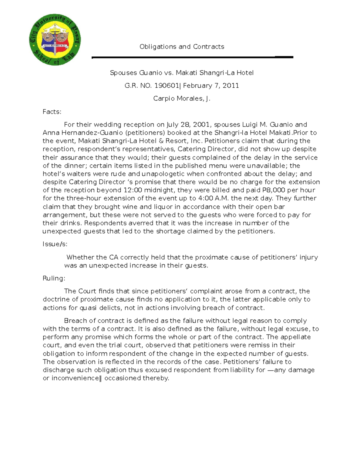 Case Digest - Oblicon - Obligations and Contracts Spouses Guanio vs ...