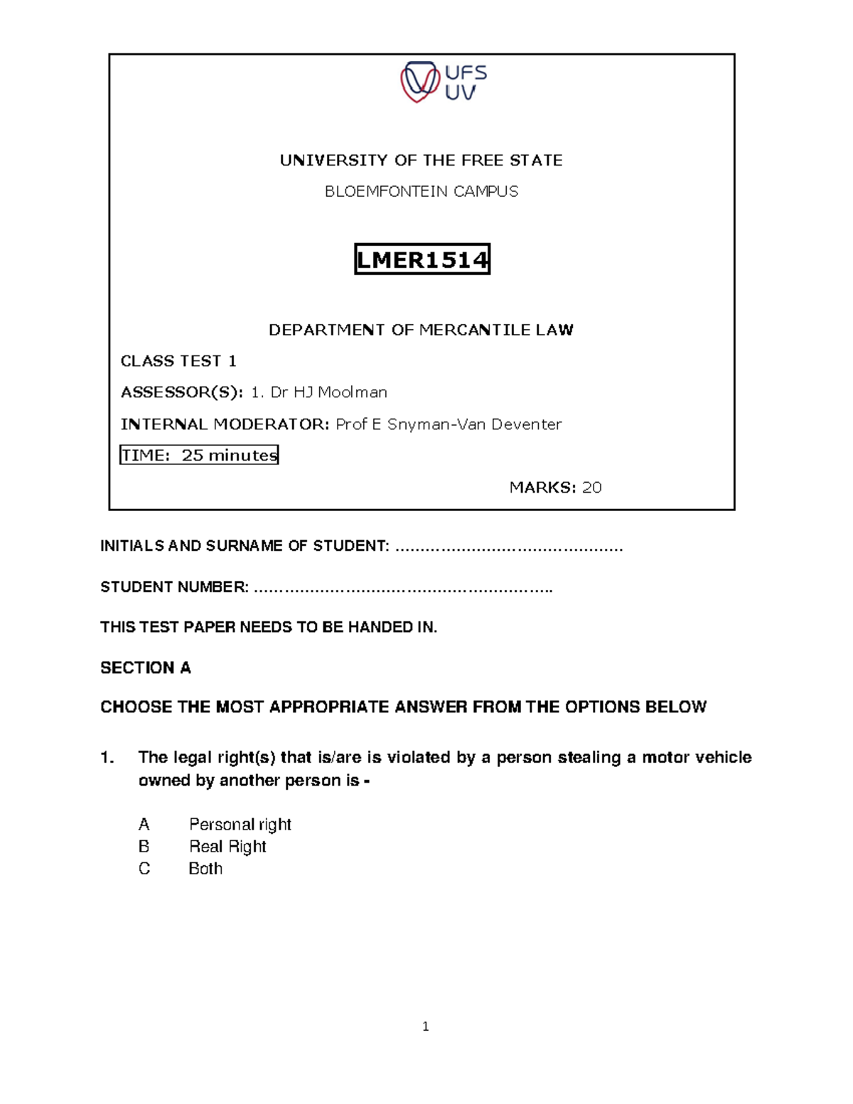 Class Test 1 (LMER 01): Mercantile Law Assessment for Veronica - Studocu