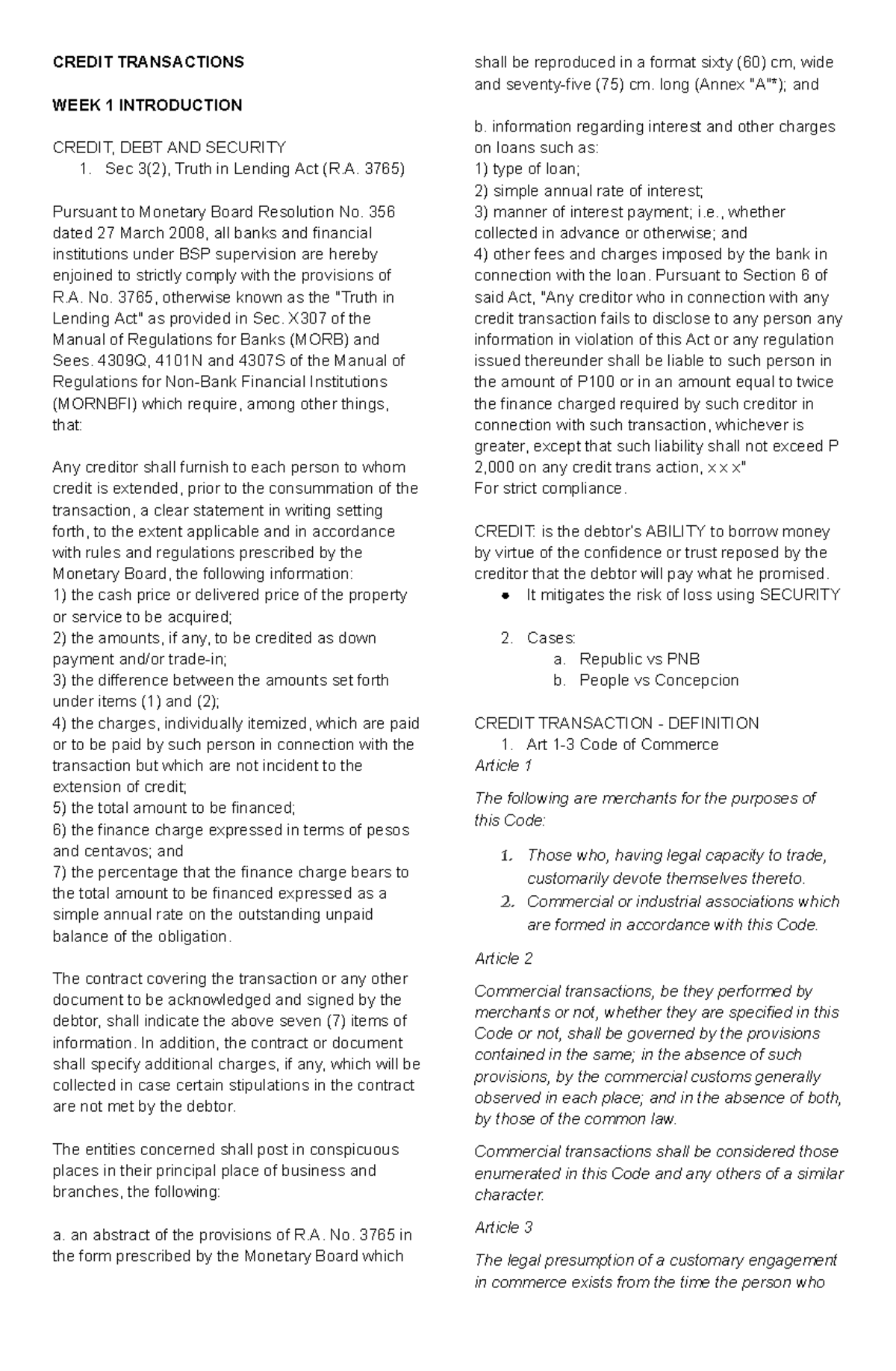 CREDIT TRANSACTIONS REVIEWER: WK 1 & WK 2 OVERVIEW - Studocu