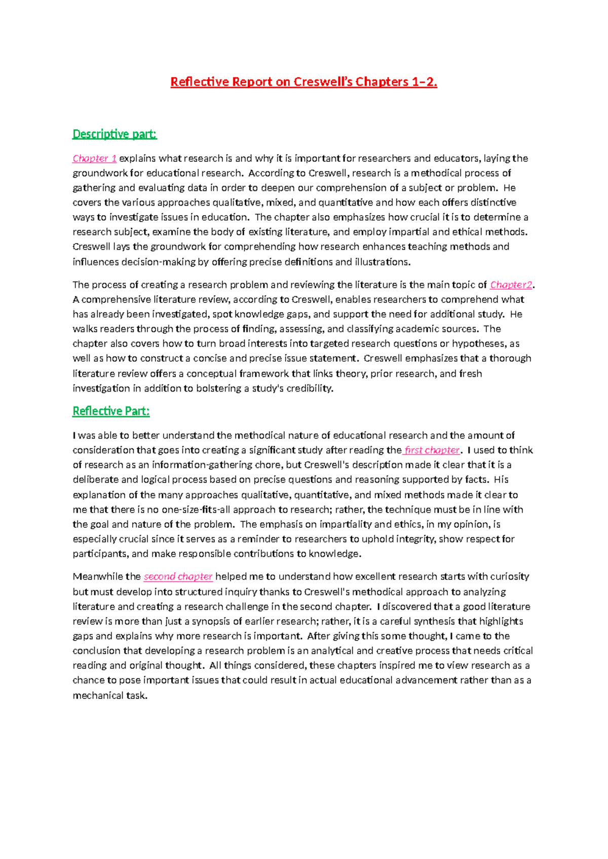 Reflective Report on Creswell's Research Methodology Insights - Studocu