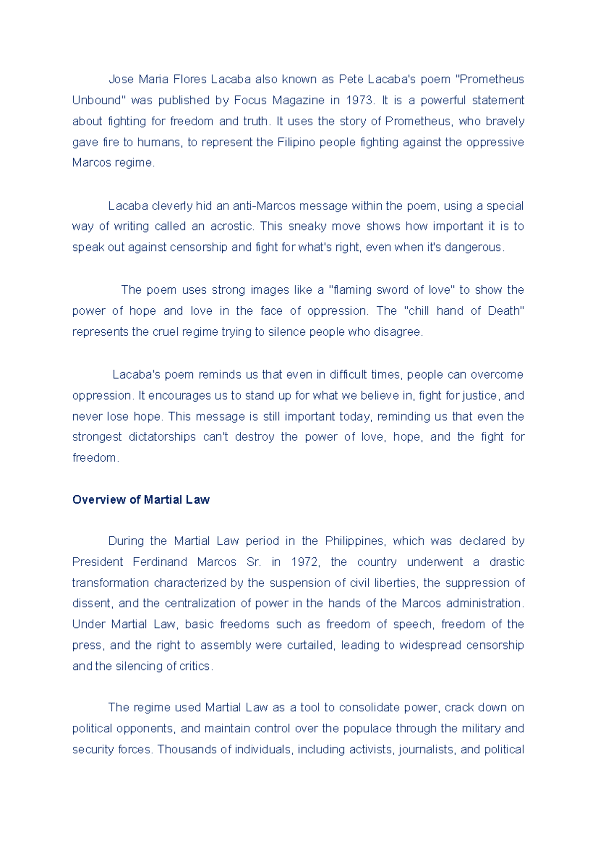 Analysis of Pete Lacaba's Poem 'Prometheus Unbound' and Martial Law ...