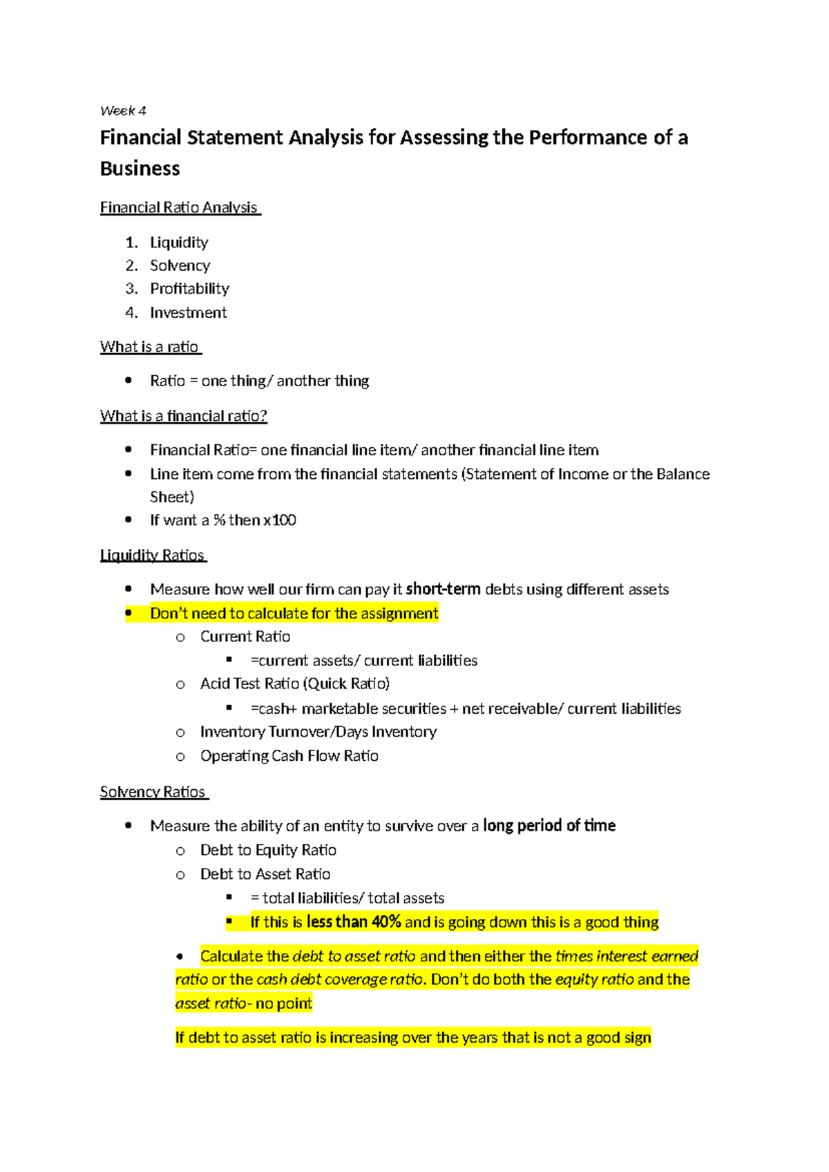 Week 4, Financial Statement Analysis for Assessing the Performance of a ...