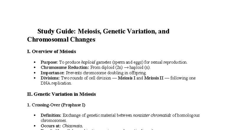 Study Guide: Meiosis & Genetic Variation (BIO 101) - Studocu
