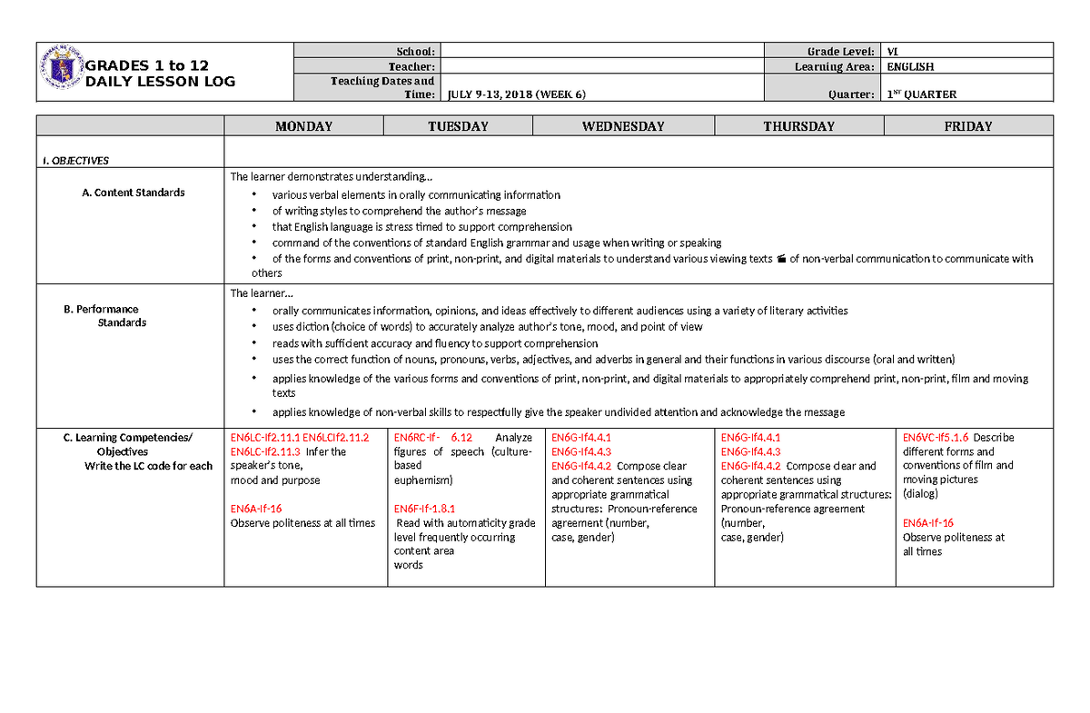 DLL English 6: Daily Lesson Log for Quarter 1, Week 6 - Studocu