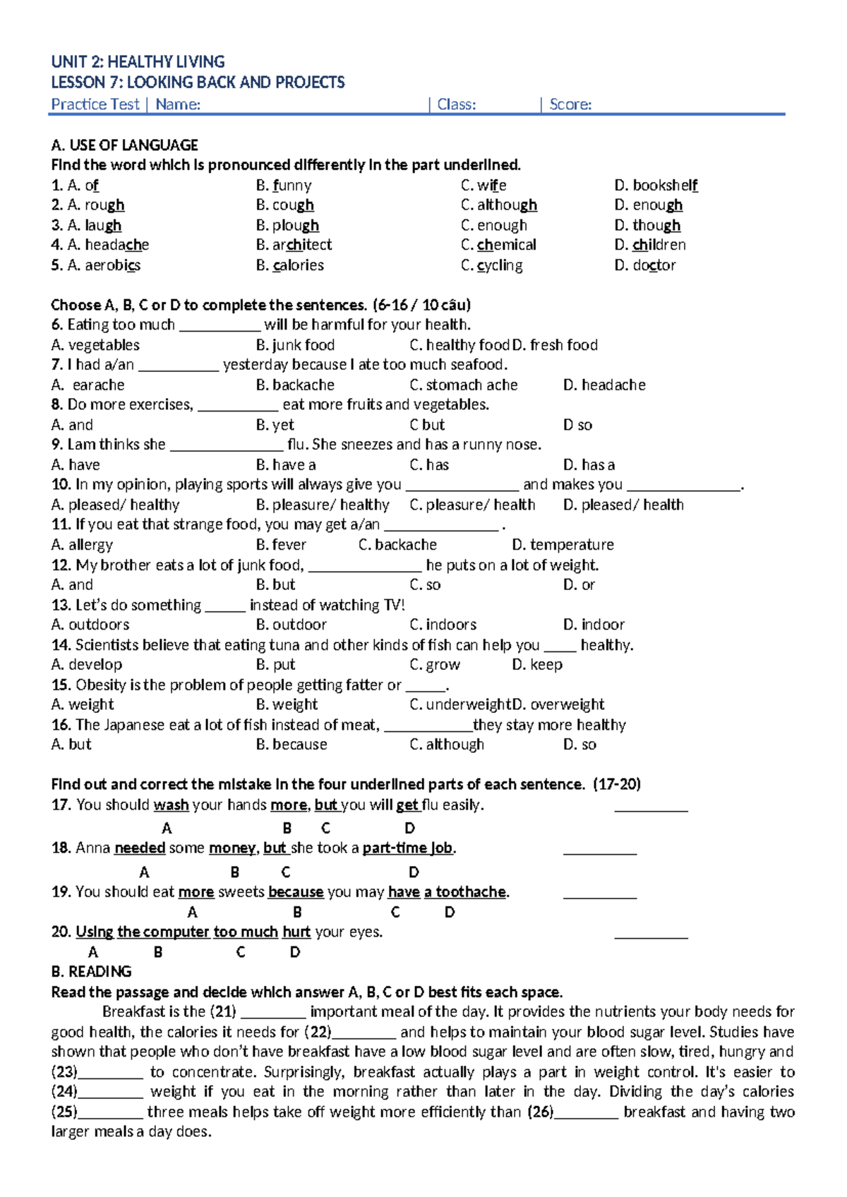 G7 Unit 2: Healthy Living Lesson 7 Practice Test - Studocu