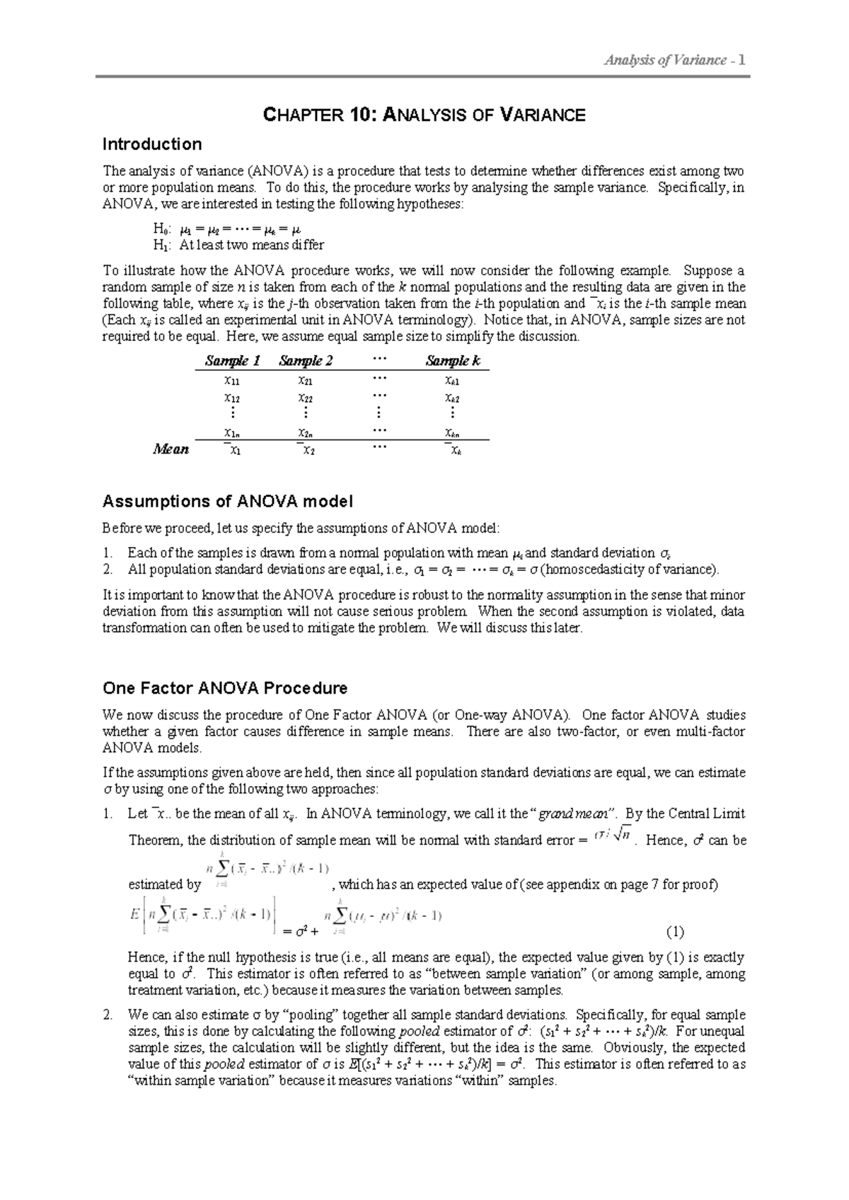 CH10: One-Way ANOVA Procedure and Applications in Statistics - Studocu
