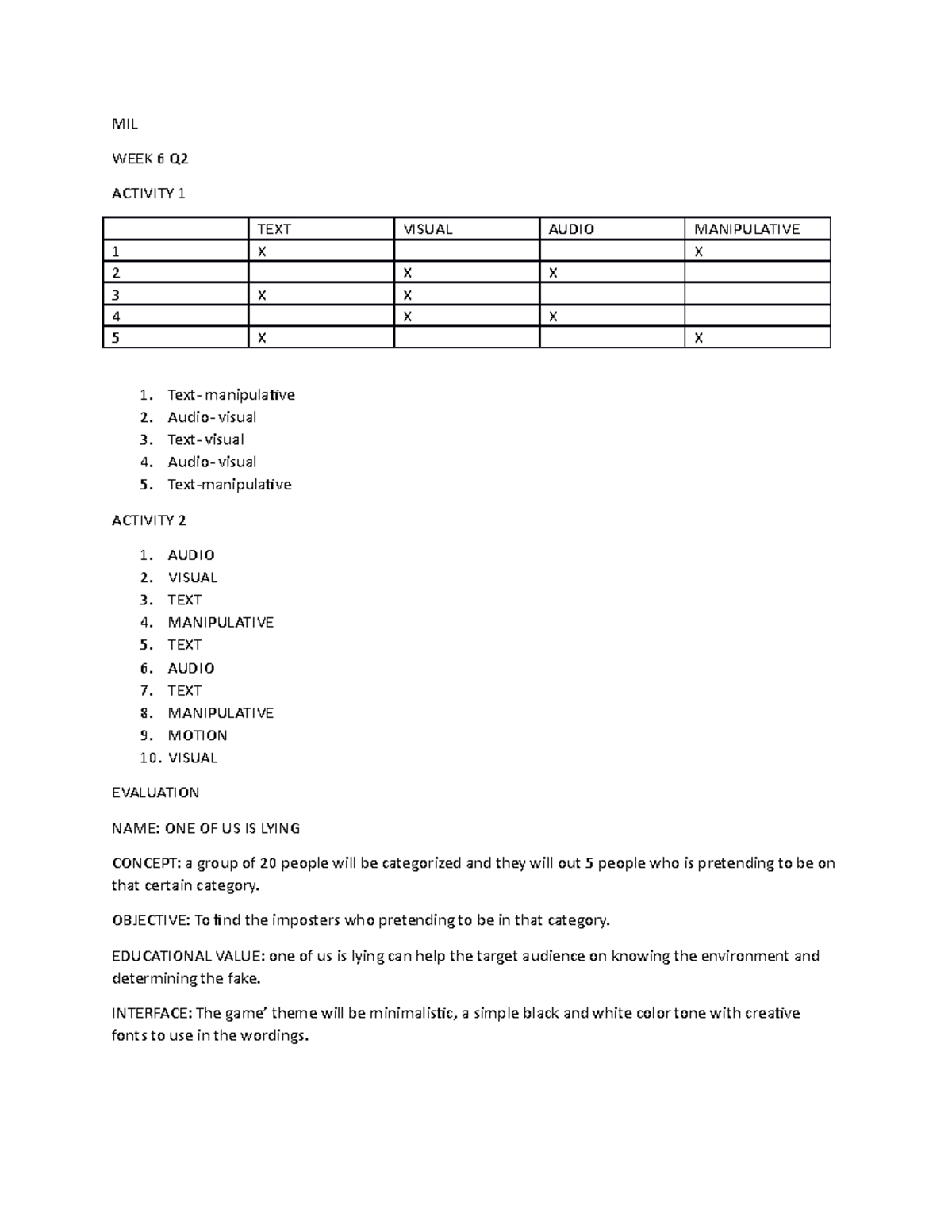 Q2 WEEK 6 MIL - MIL WEEK 6 Q ACTIVITY 1 TEXT VISUAL AUDIO MANIPULATIVE ...