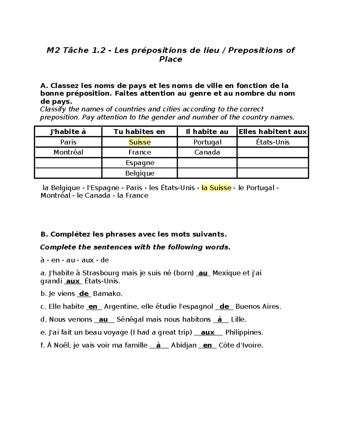 M2 Tâche 1.2 - Les prépositions de lieu - Classez les noms de pays et ...