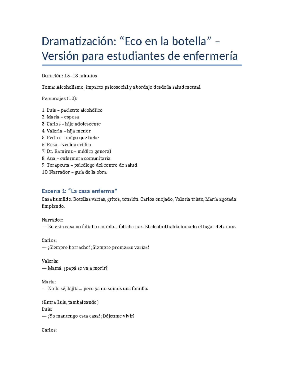 Dramatización: Eco en la Botella - Enfermería y Alcoholismo - Studocu