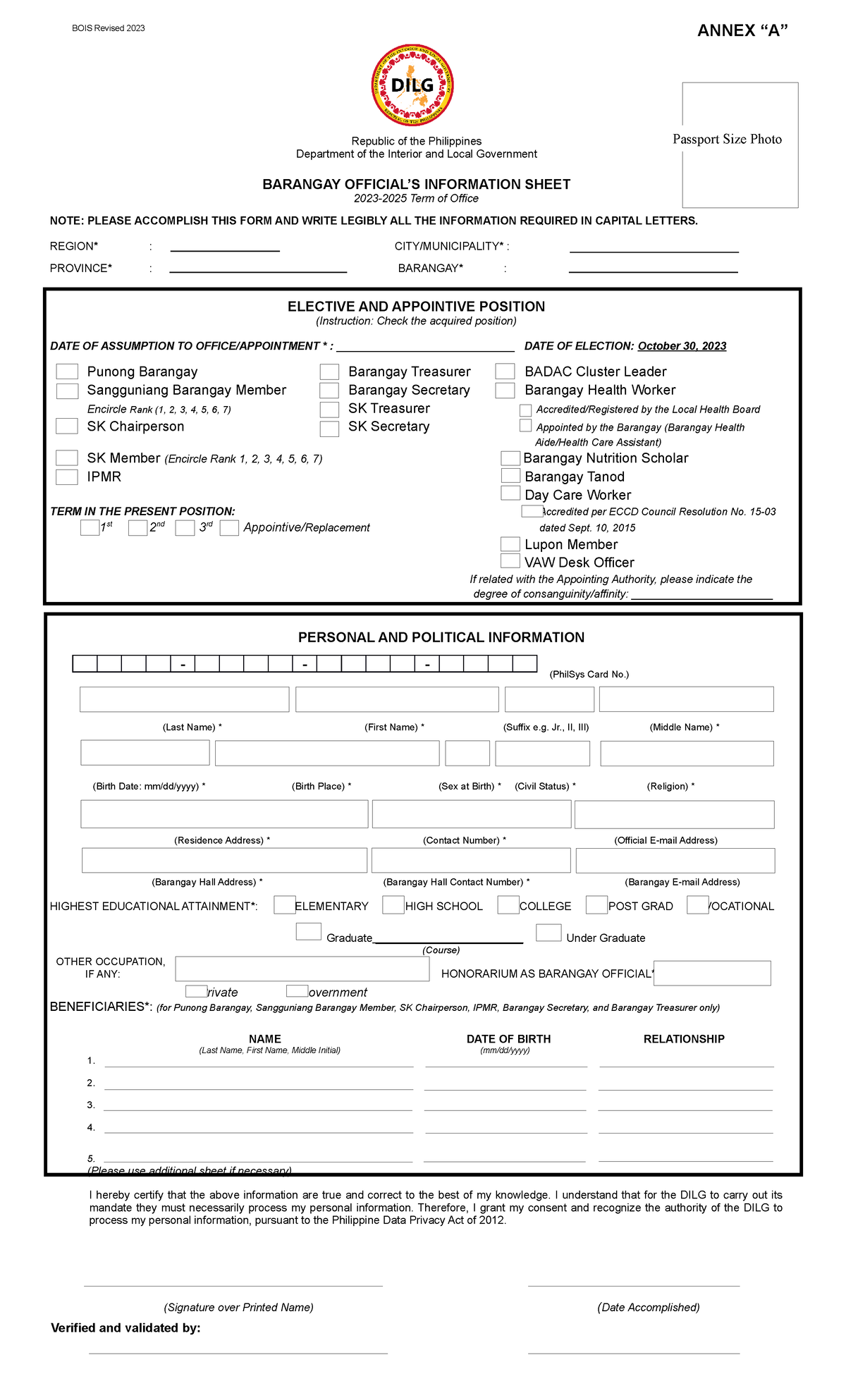 Barangay Officials Info Sheet 2023-2025 Term (PH) - Studocu