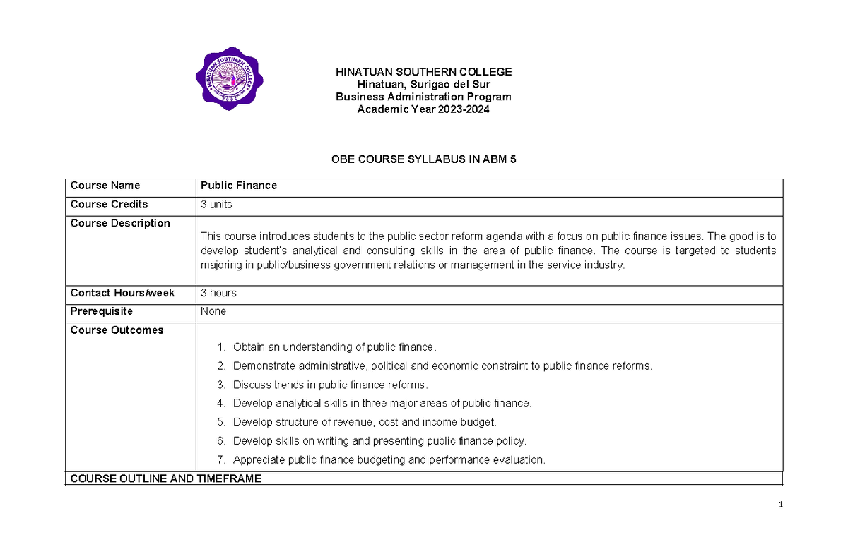 Public Finance - HINATUAN SOUTHERN COLLEGE Hinatuan, Surigao del Sur Business Administration ...