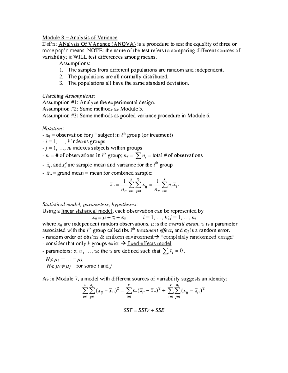 Uastat 235Mod8 - Module 8 Summary Notes - Module 8 – Analysis of ...