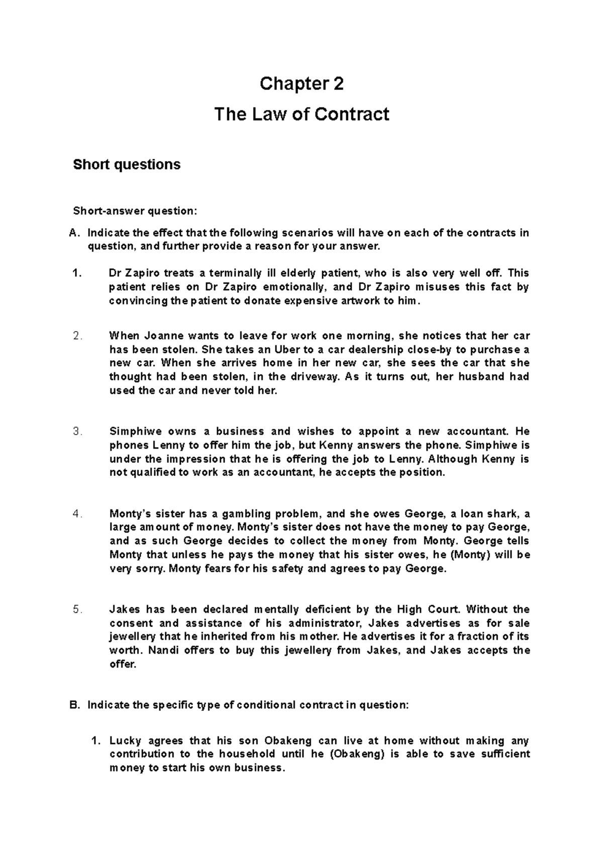 Law of Contract - Chapter 2 Short Questions Analysis - Studocu