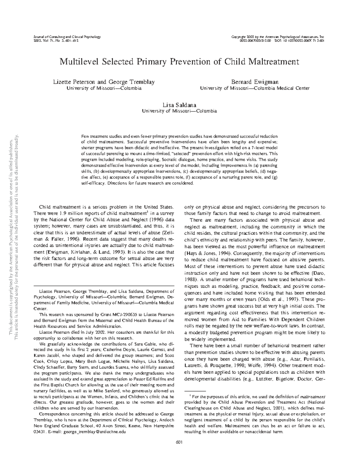 Multilevel Selected Primary Prevention of Child Maltreatment Research ...
