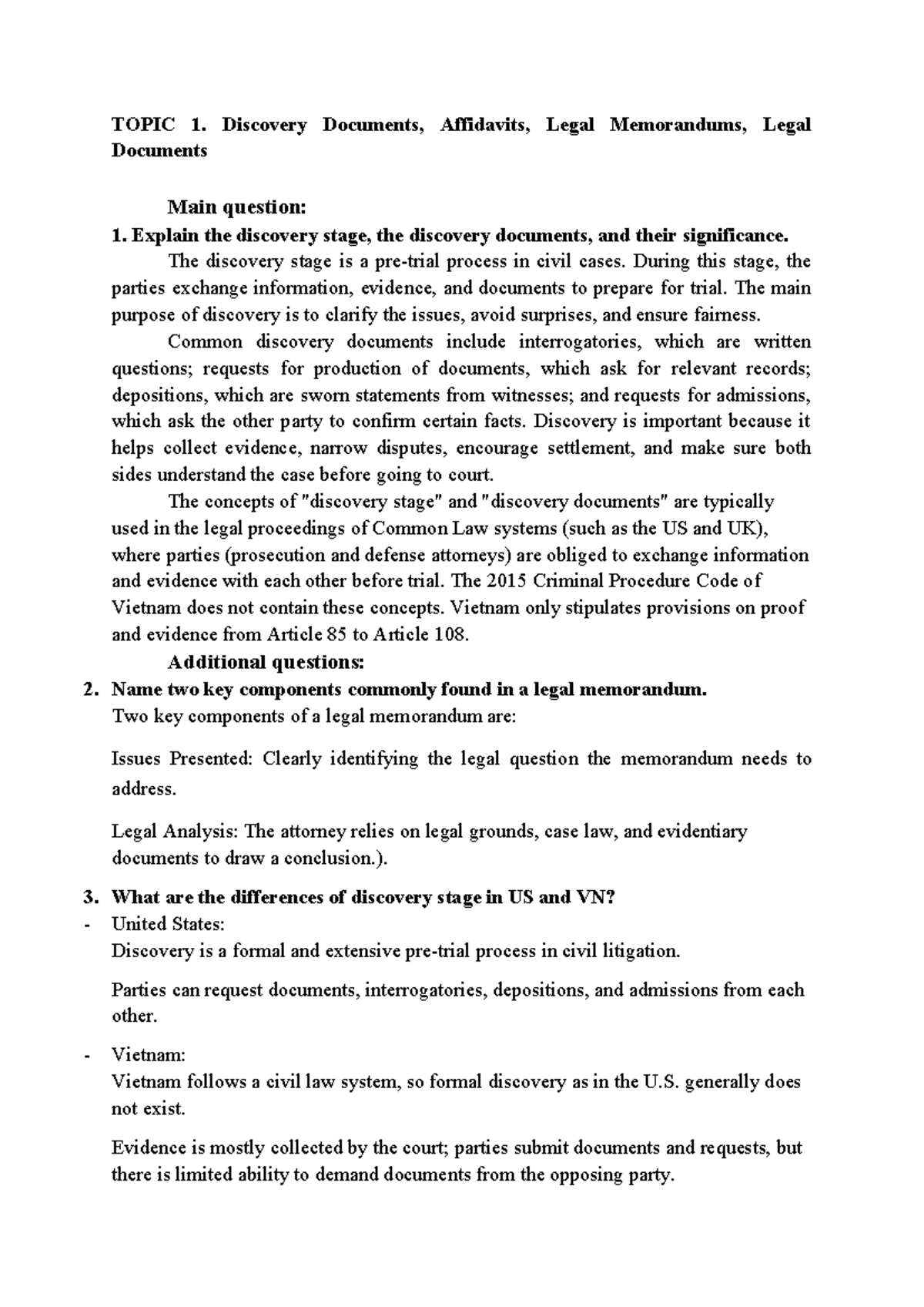 Topic 1 - Discovery Documents & Legal Memorandums Overview - Studocu