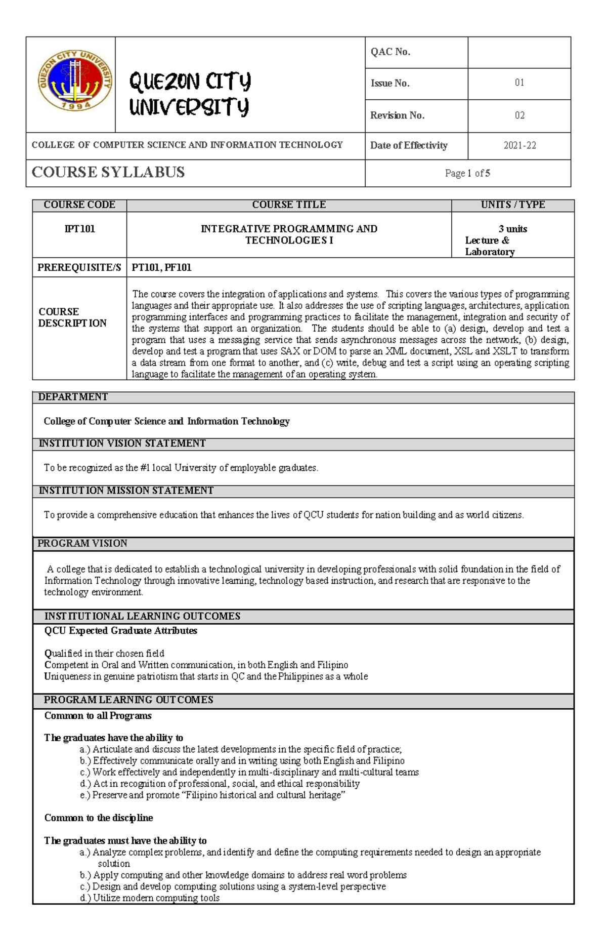 IPT101 Integrative Programming & Technologies I Course Syllabus - Studocu