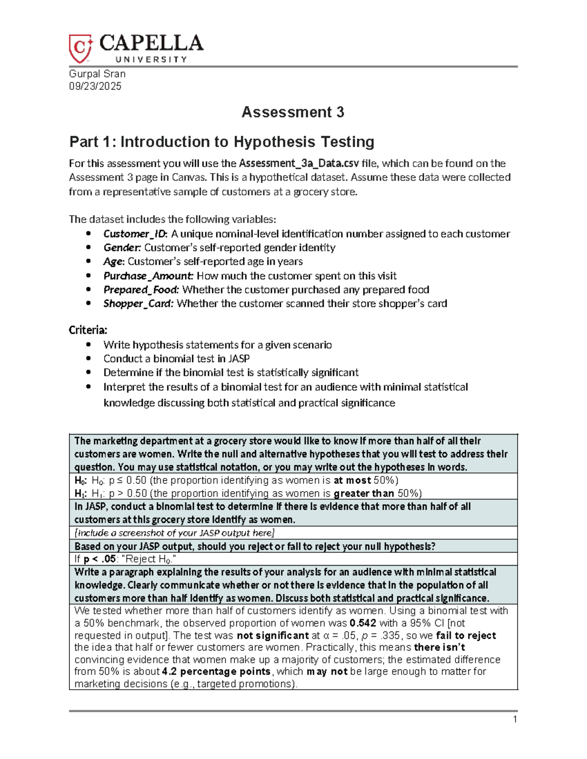 Assessment 3: Hypothesis Testing & Comparing Two Means Analysis - Studocu