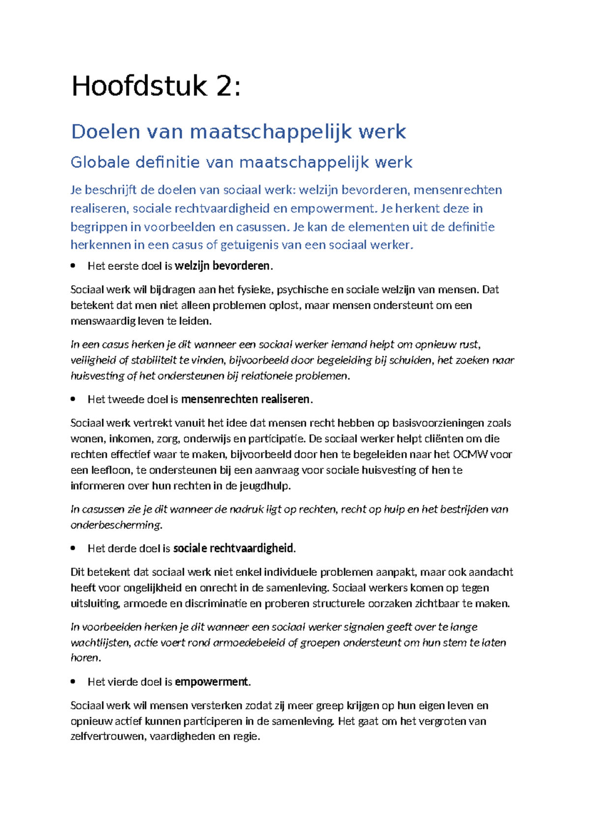Hoofdstuk 2: Doelen van Maatschappelijk Werk en Empowerment in SW - Studocu
