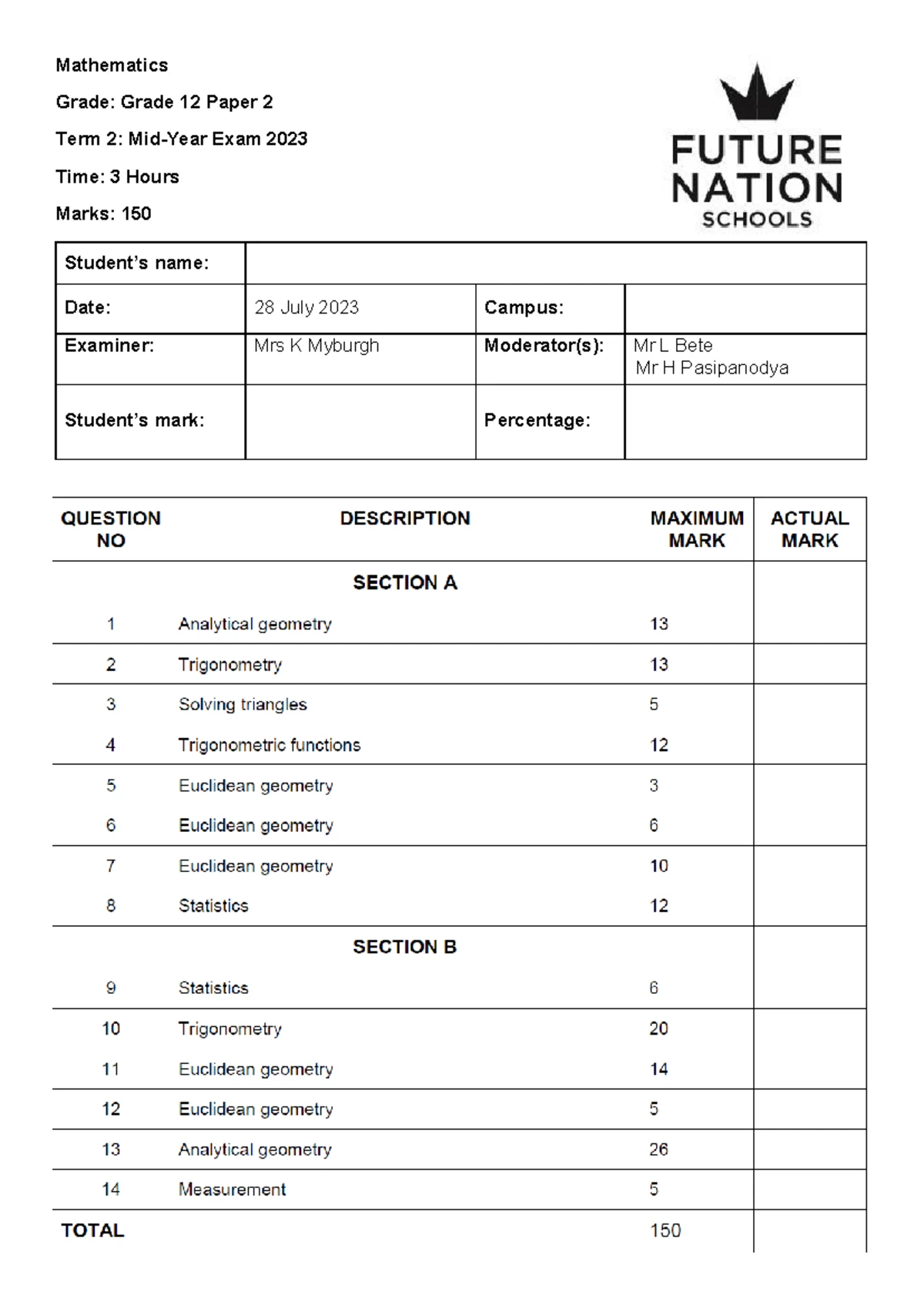Matric 2023 Grade 12 Mid-Year Exam Paper 1 - Mathematics FNS - Studocu