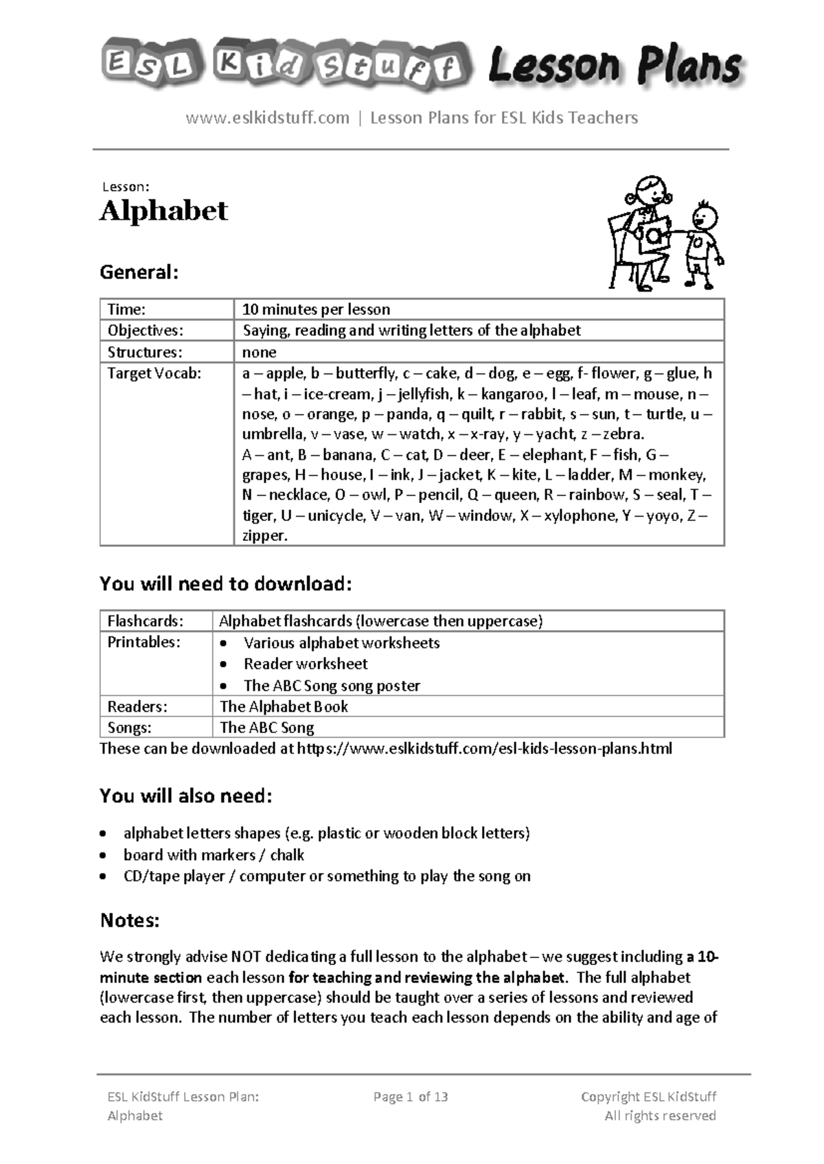 Alphabet lesson plan US - ESL KidStuff Lesson Plan: Page 1 of 13 ...