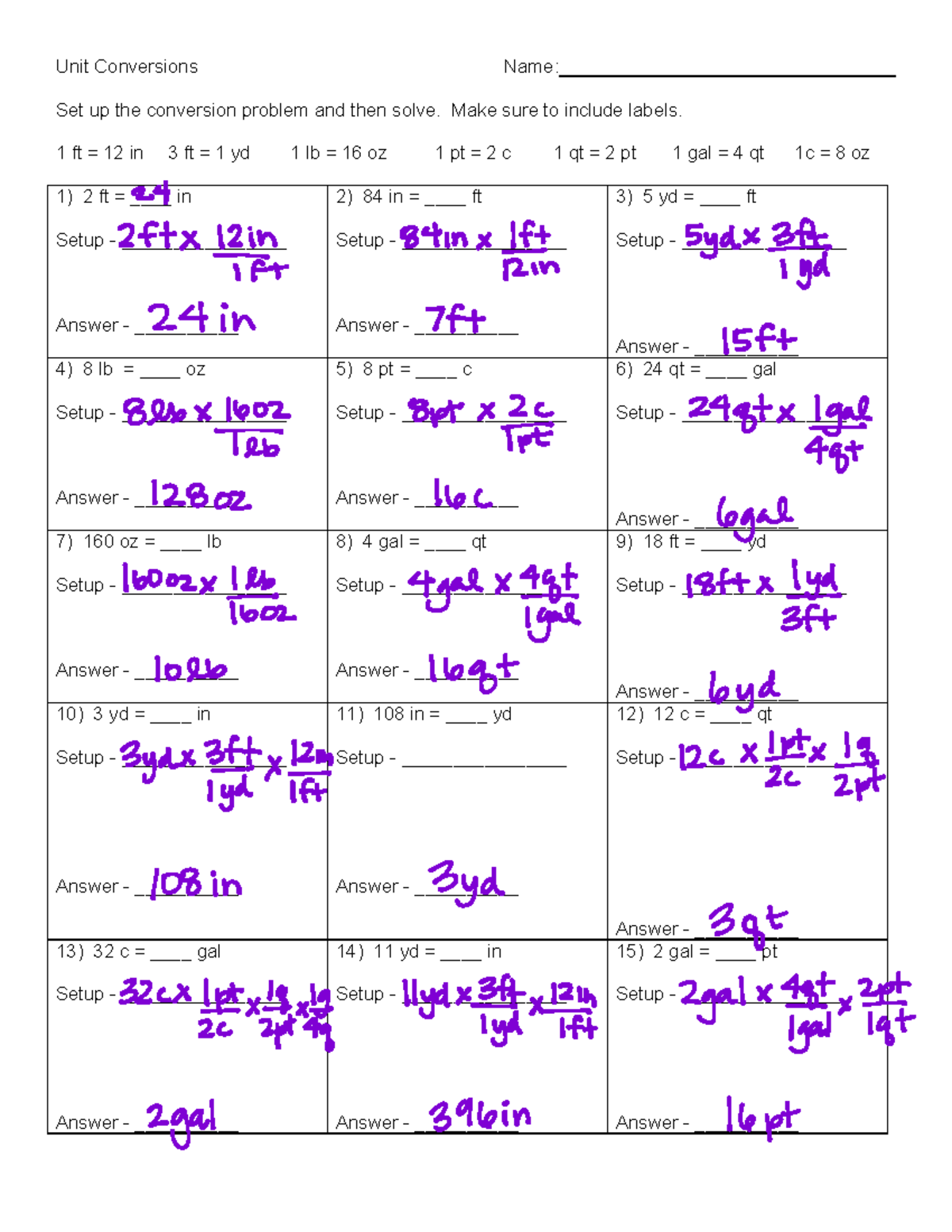 Unit Conversions Ans - N/A - Unit Conversions Name: Set up the conversion problem and then solve ...
