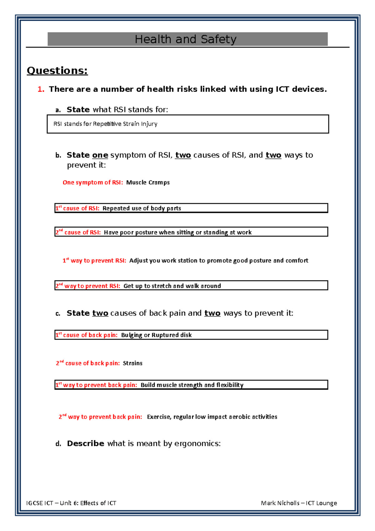 IGCSE ICT Unit 6: Health and Safety Risks in ICT Devices - Studocu
