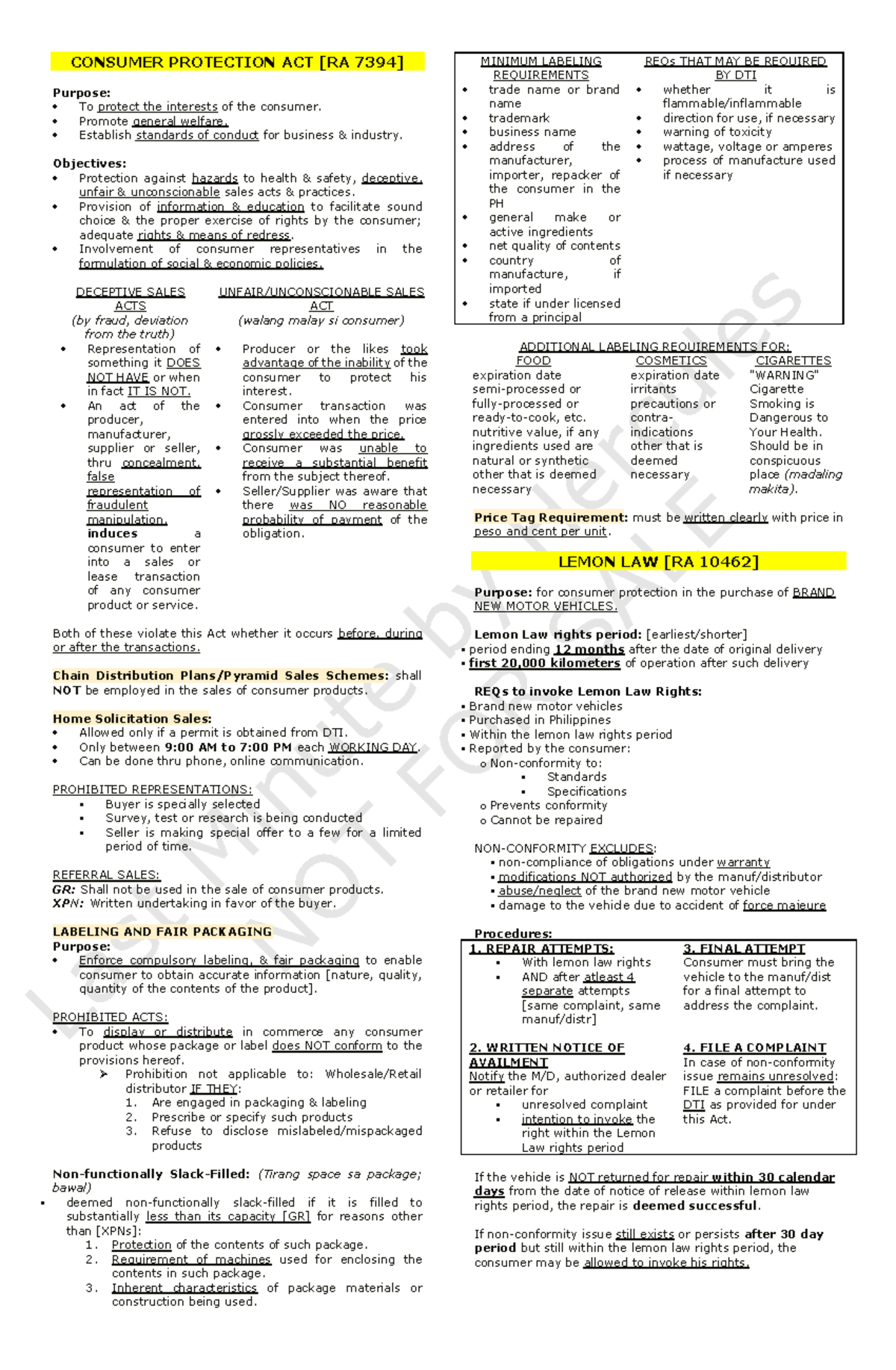 RFBT 2: Last Minute Study Notes on Consumer Protection Act - Studocu