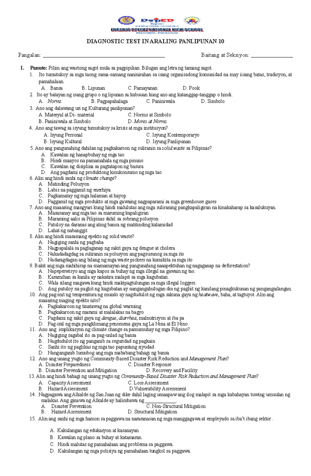 AP 10 Diagnostic Test on Araling Panlipunan 10 - Studocu
