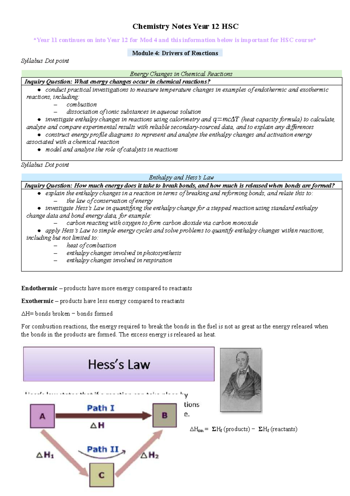 HSC Year 12 Chemistry Notes: Module 4 - Energy Changes & Equilibrium ...