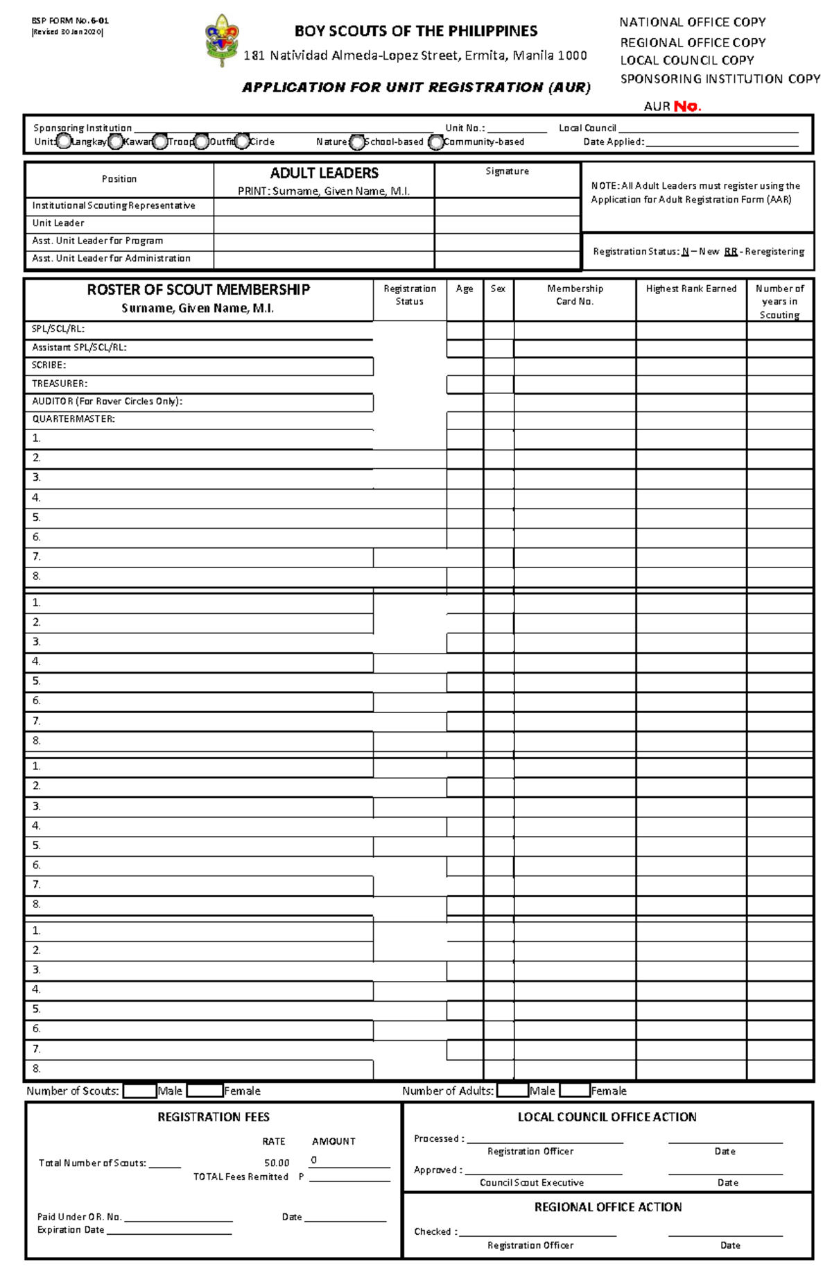 AUR-form-1 - For bsp - BOY SCOUTS OF THE PHILIPPINES 181 Natividad ...