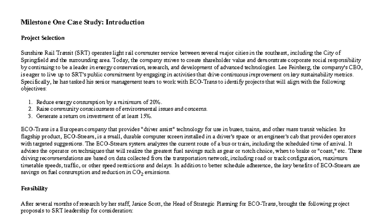 Milestone One Case Study: Project Selection for SRT Sustainability ...