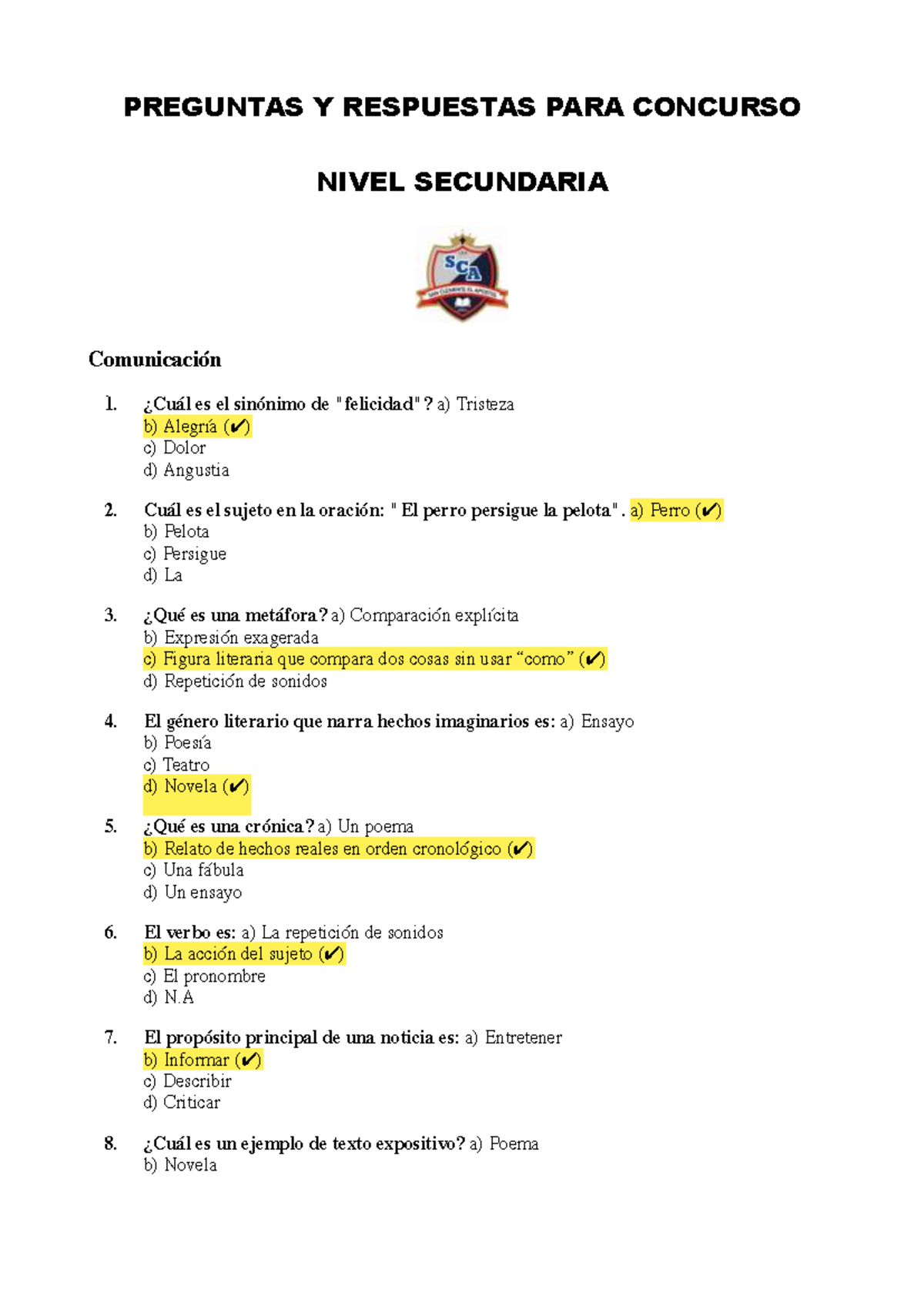 Preguntas y Respuestas para el Concurso de Secundaria - Studocu