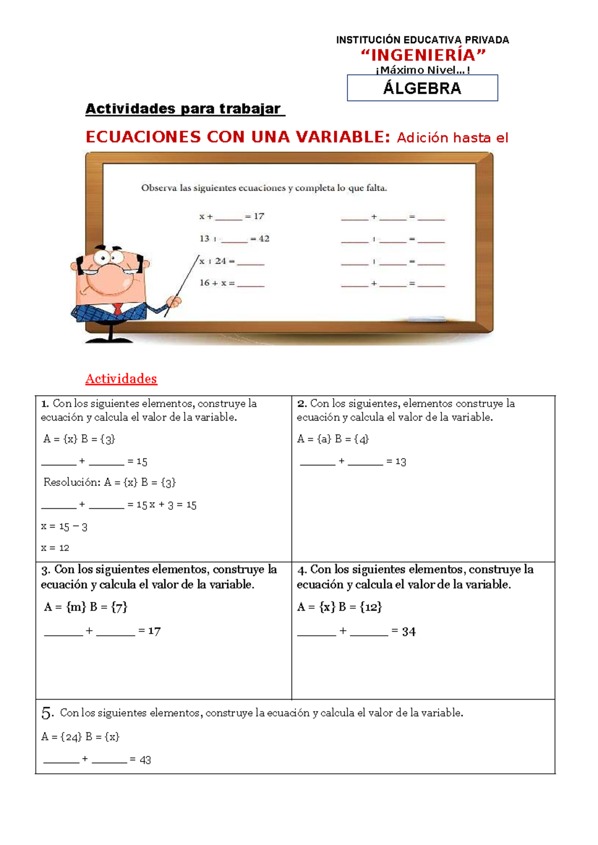 Actividades de Álgebra: Ecuaciones con una Variable - Studocu