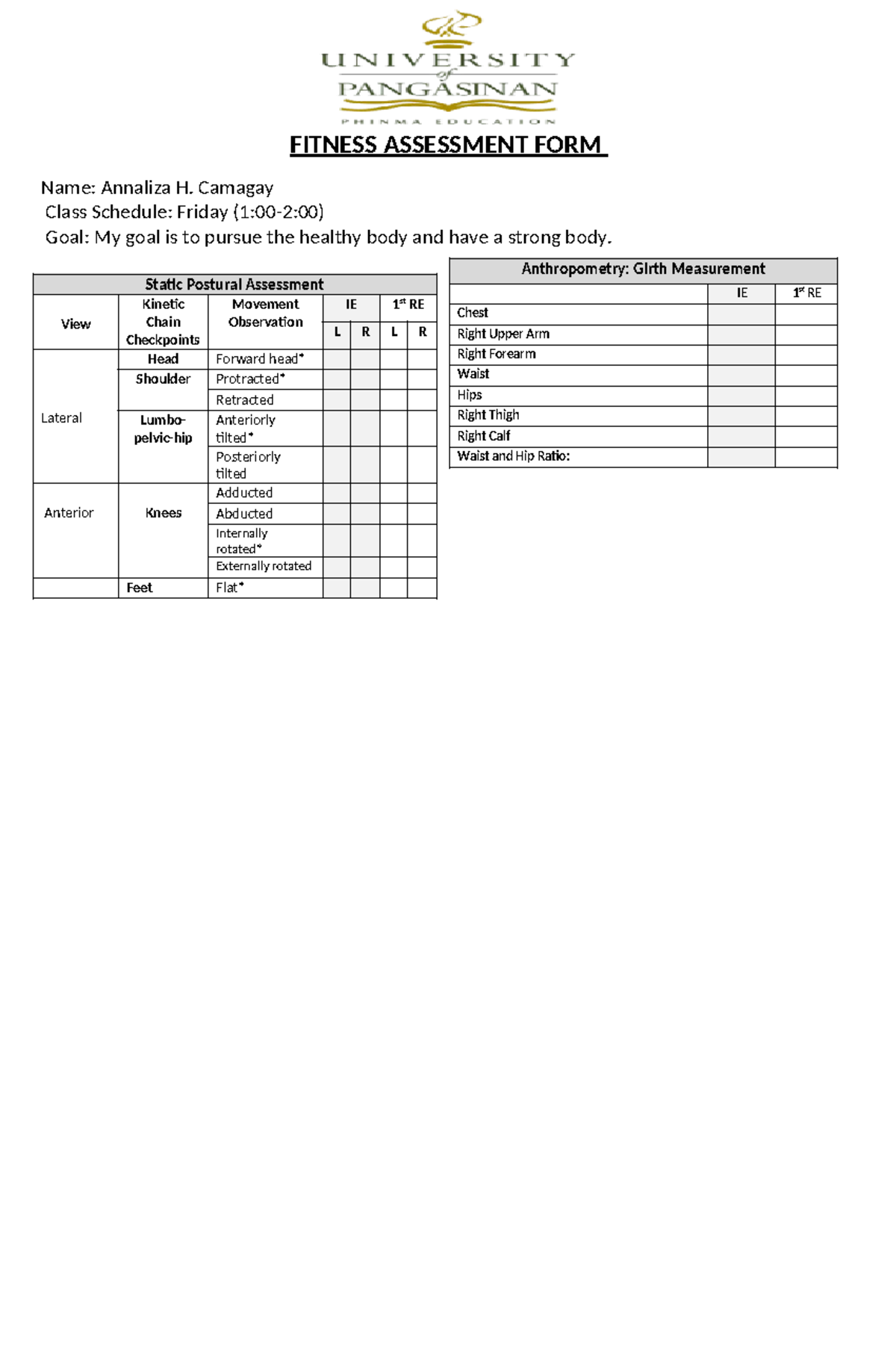 1 Pe edit - okay - FITNESS ASSESSMENT FORM Name: Annaliza H. Camagay ...