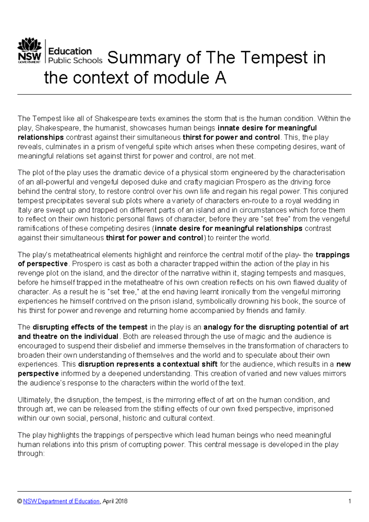 ENG6HAG Advanced English: The Tempest Module A Summary and Analysis ...