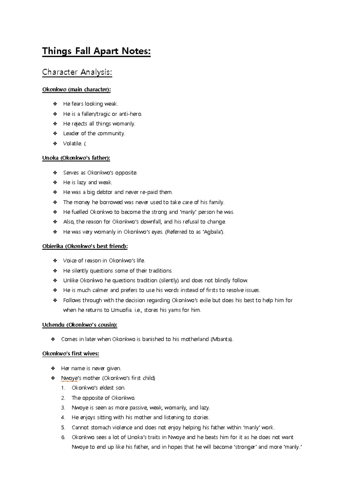 Things Fall Apart Character Analysis Notes (ENG 101) - Studocu