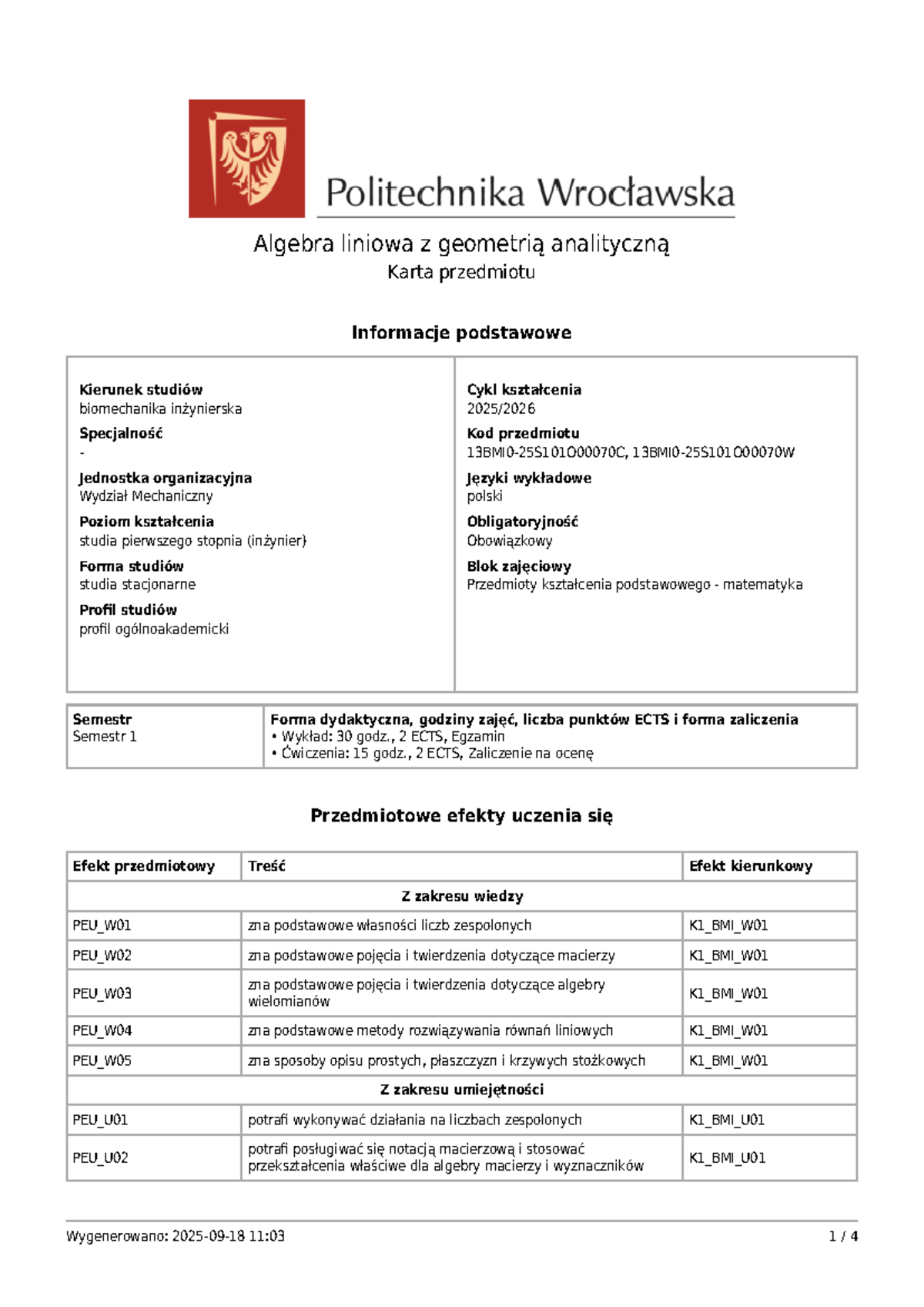 Algebra Liniowa i Geometria Analityczna - K1_BMI - Karta Przedmiotu ...