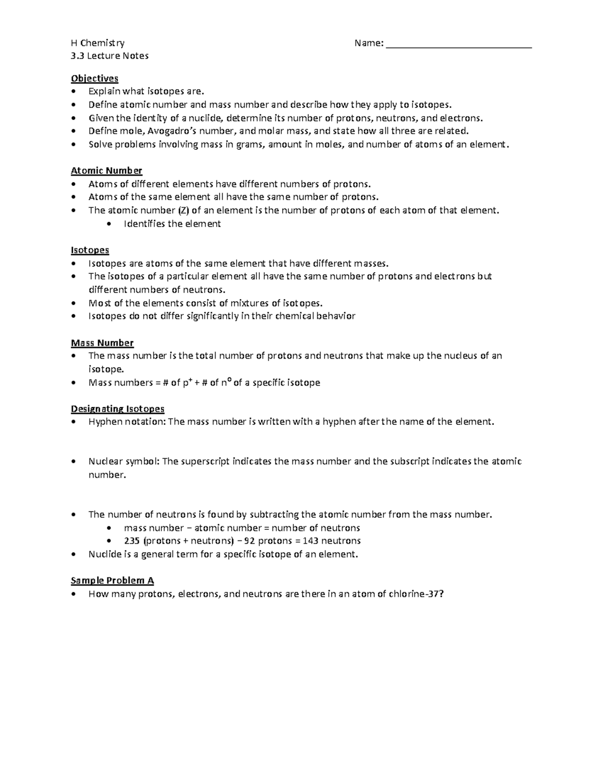 H Chemistry 3.3 Lecture Notes: Isotopes, Moles, & Molar Mass - Studocu