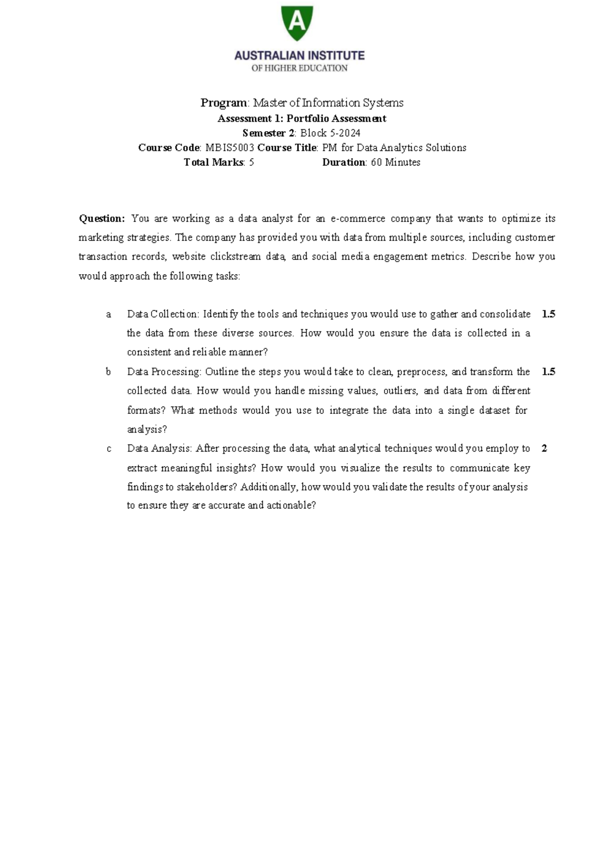 MBIS5003 Portfolio Assessment: Data Analytics Solutions Approach - Studocu