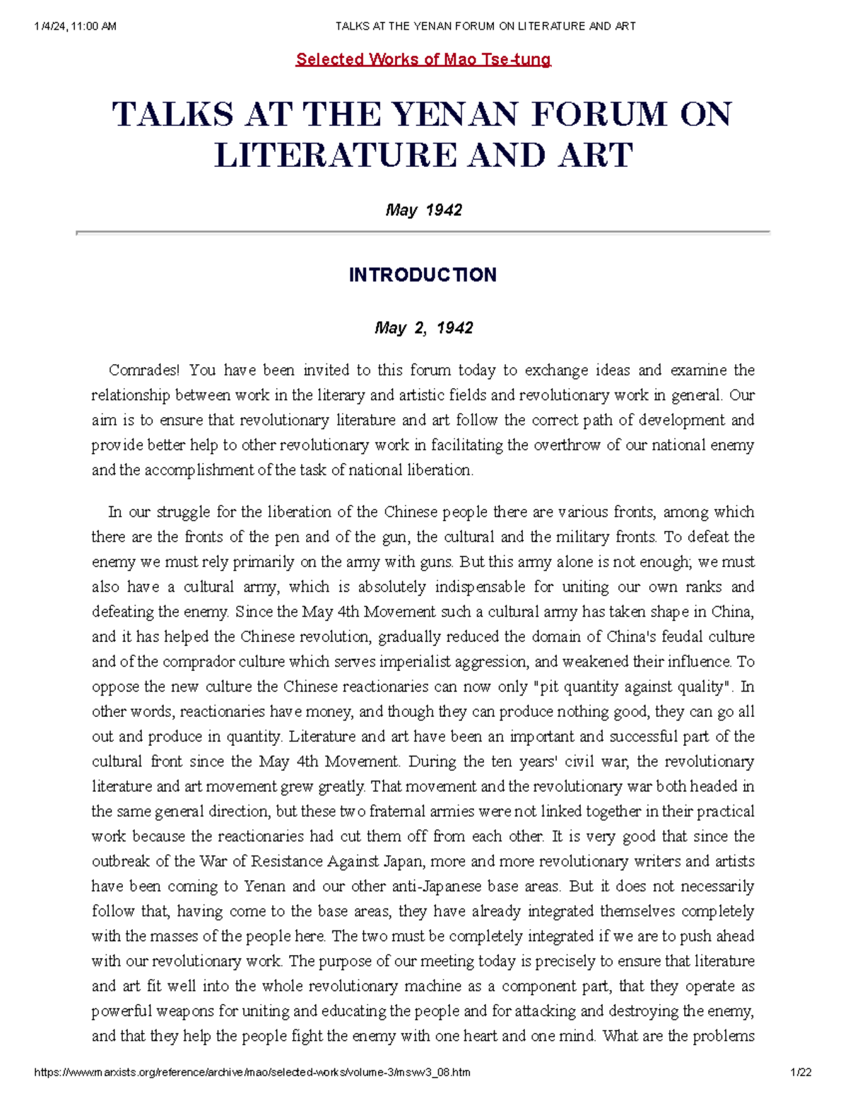 11:00 AM Talks at the Yenan Forum on Literature and Art - Mao's ...