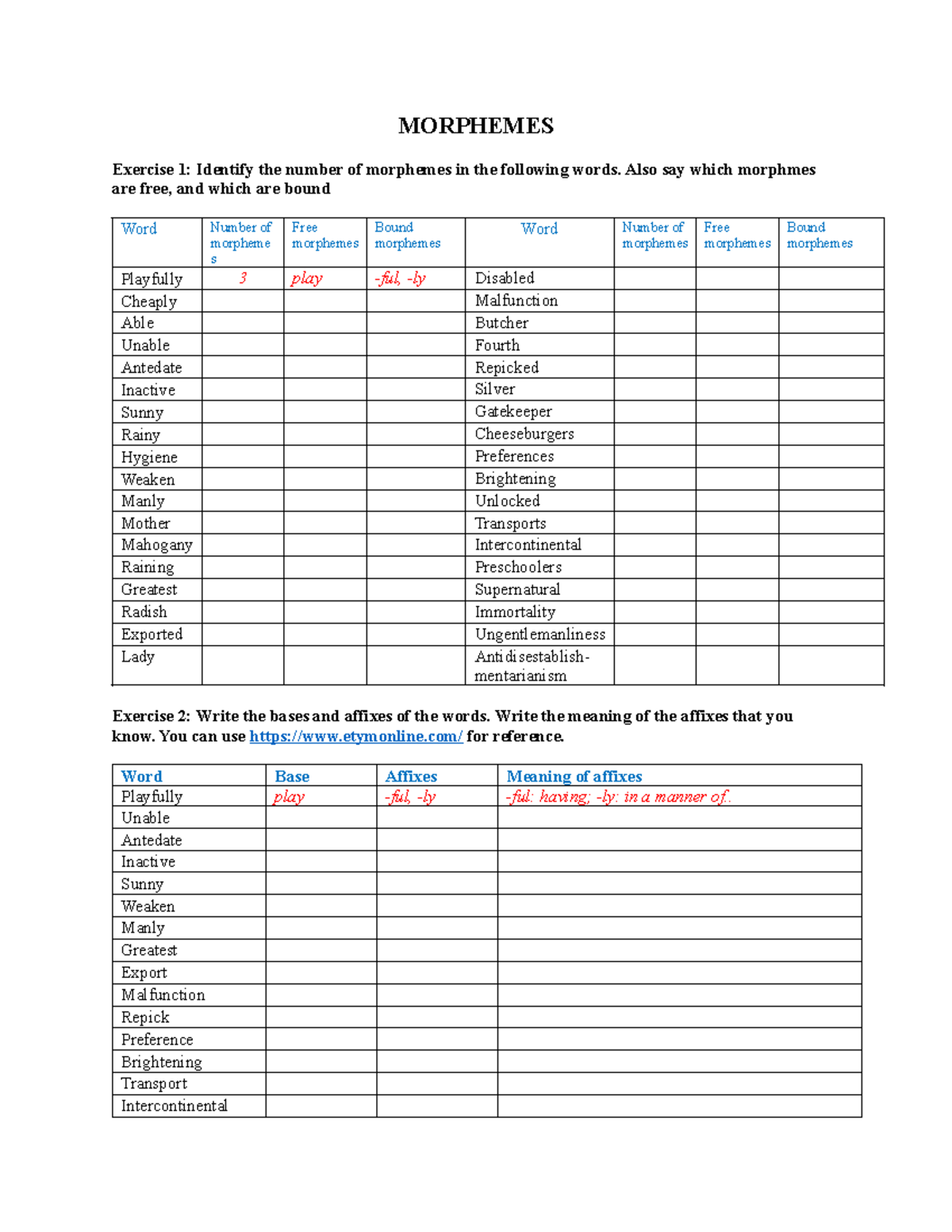 Morpheme Exercises for Linguistics 101: Analysis & Identification - Studocu