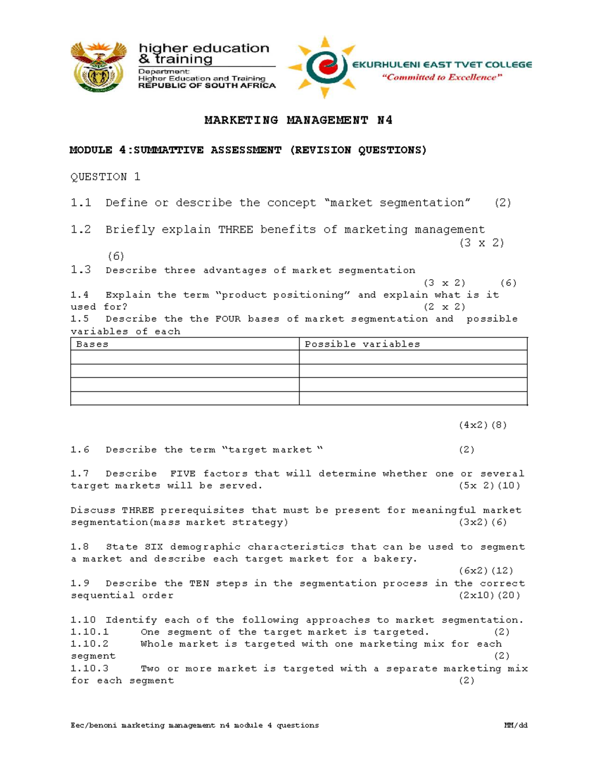 MARKETING MANAGEMENT N4 MODULE 4: REVISION QUESTIONS & ANSWERS - Studocu