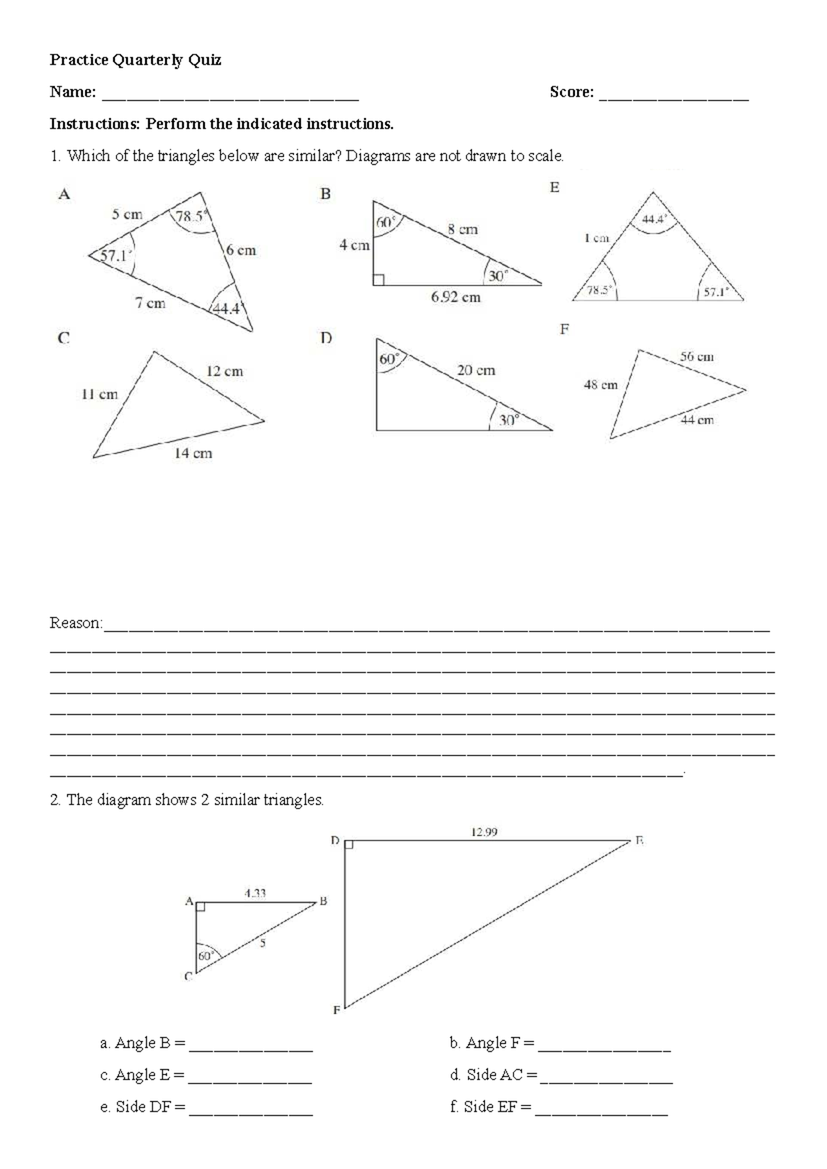 Practice Quarterly Quiz: Triangle Similarity & Proportionality - Studocu