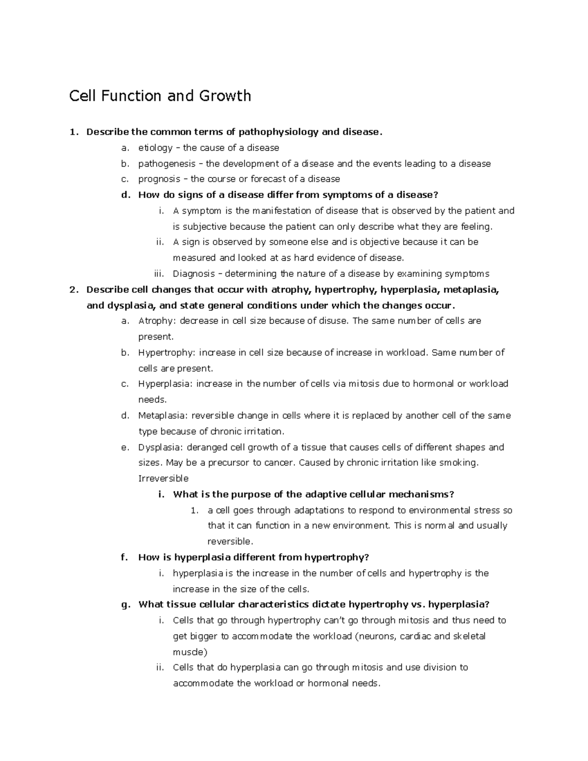 Patho Study Guide: Cell Function, Growth, and Disease Mechanisms - Studocu