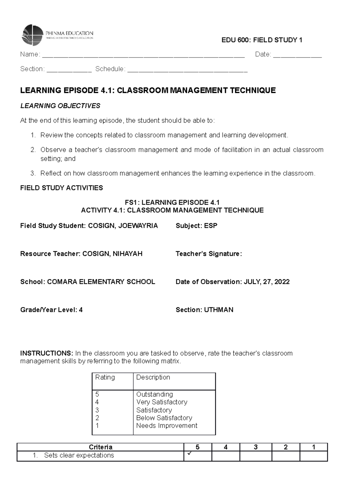 EDU 600: FS1 Learning Episode 4 - Classroom Management Techniques - Studocu
