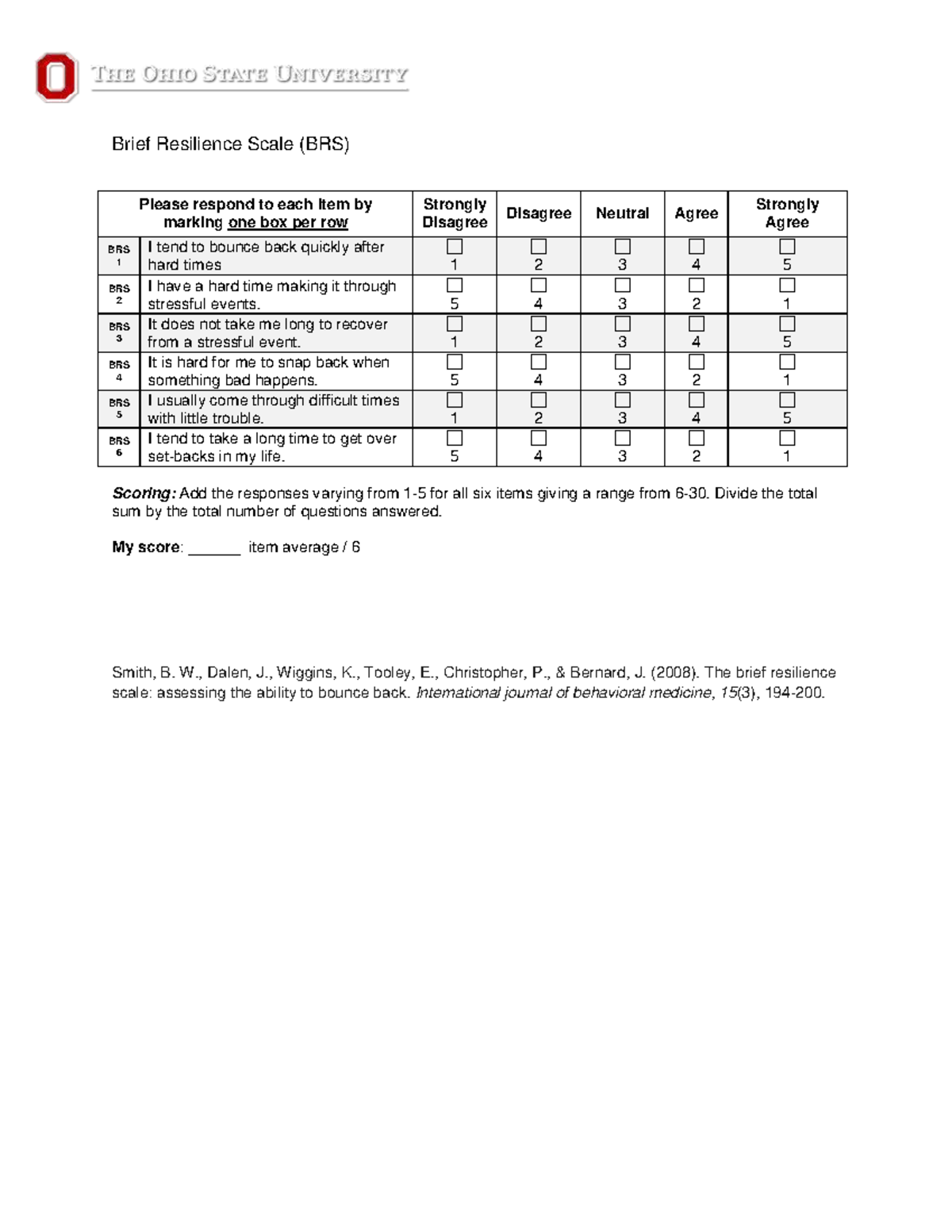 BRS: Brief Resilience Scale Assessment and Scoring Guide - Studocu