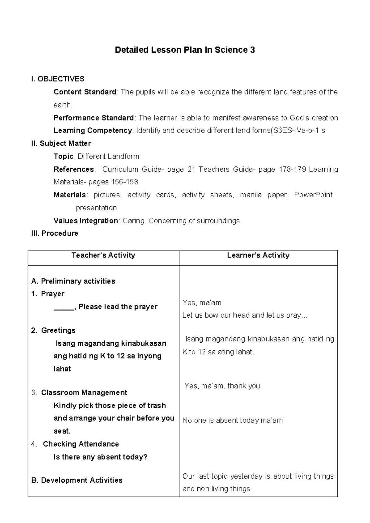 DLP Science 3: Detailed Lesson Plan on Different Landforms - Studocu